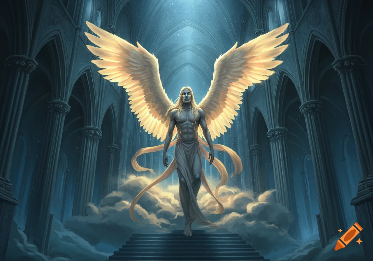 An anime-style digital painting shows a white-winged angel and a red ...