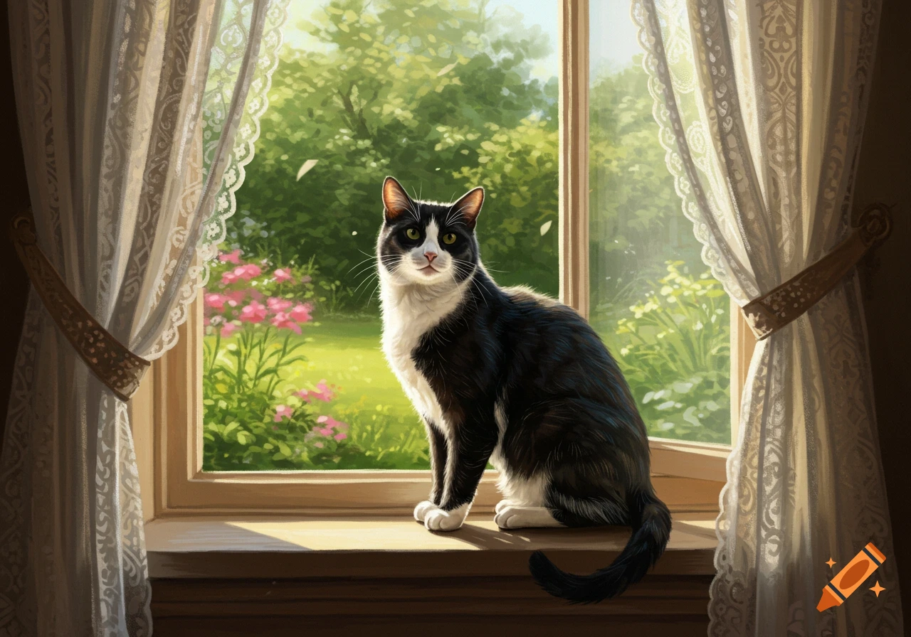 A black and white tuxedo cat sits on a wooden windowsill looking out a ...