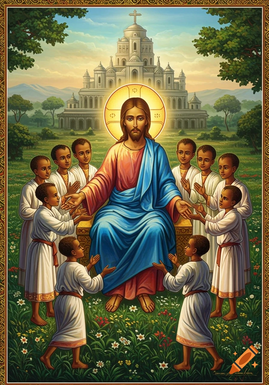 An Ethiopian Orthodox Christian icon depicts Jesus Christ sitting on a ...