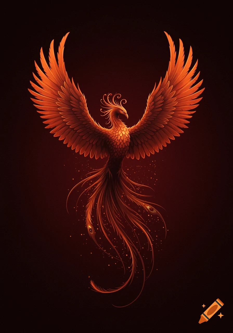 A vibrant phoenix with fiery orange and red wings soars above ancient ...
