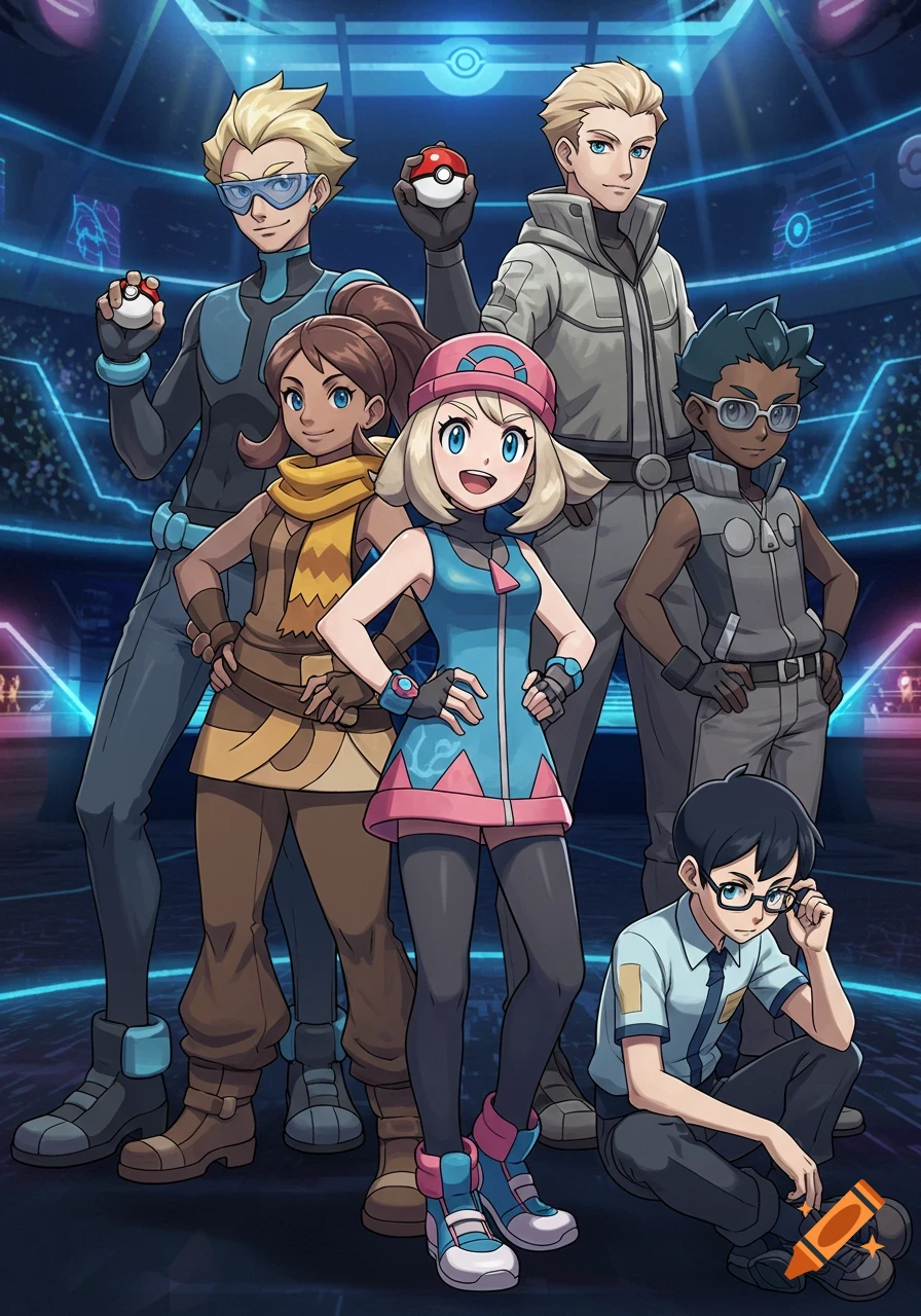 Anime illustration of six diverse Pokemon trainers, some holding ...