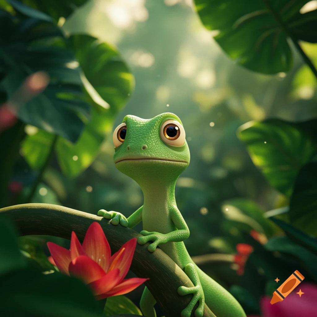 A cute Pixar-style cartoon green lizard with a slightly worried ...