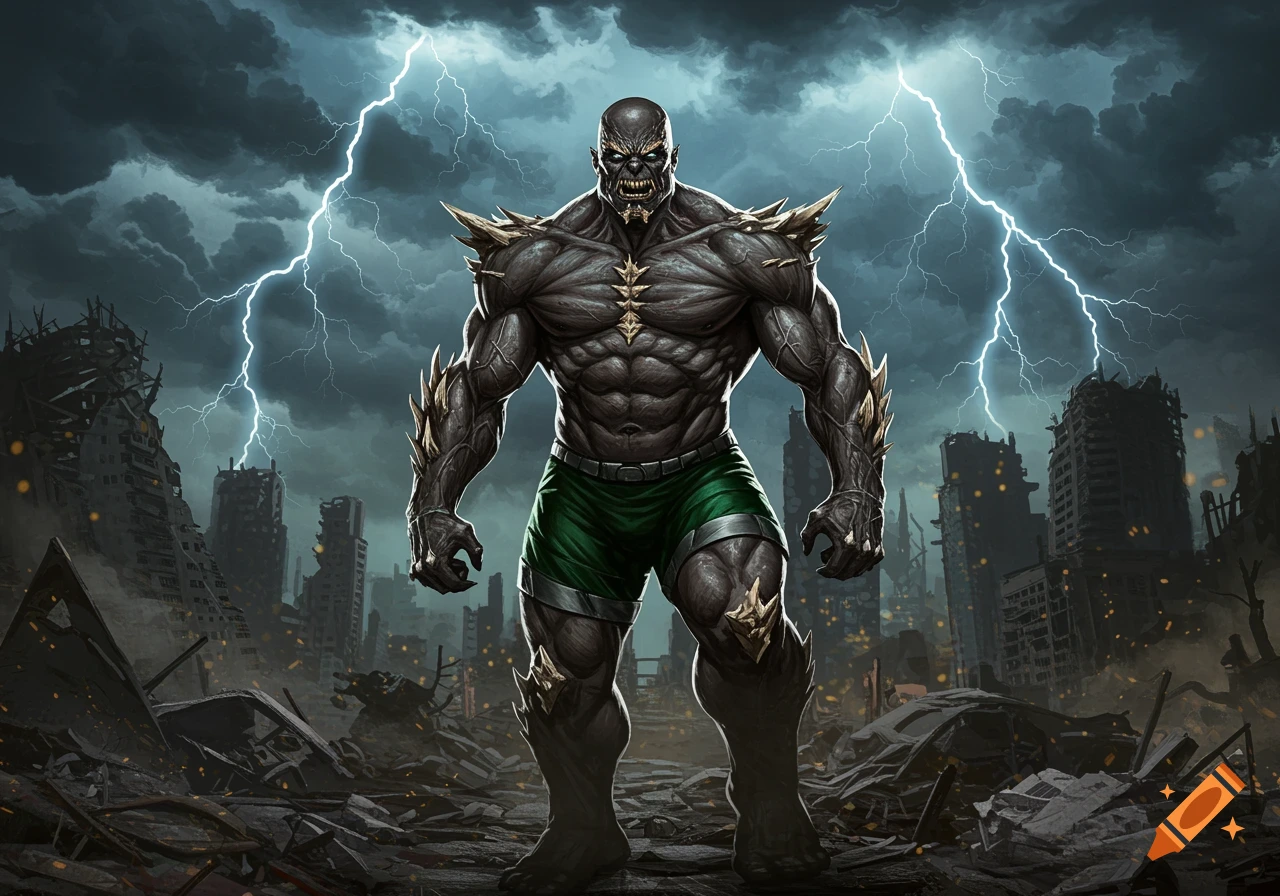 A skinless giant figure with exposed muscles and glowing green eyes ...