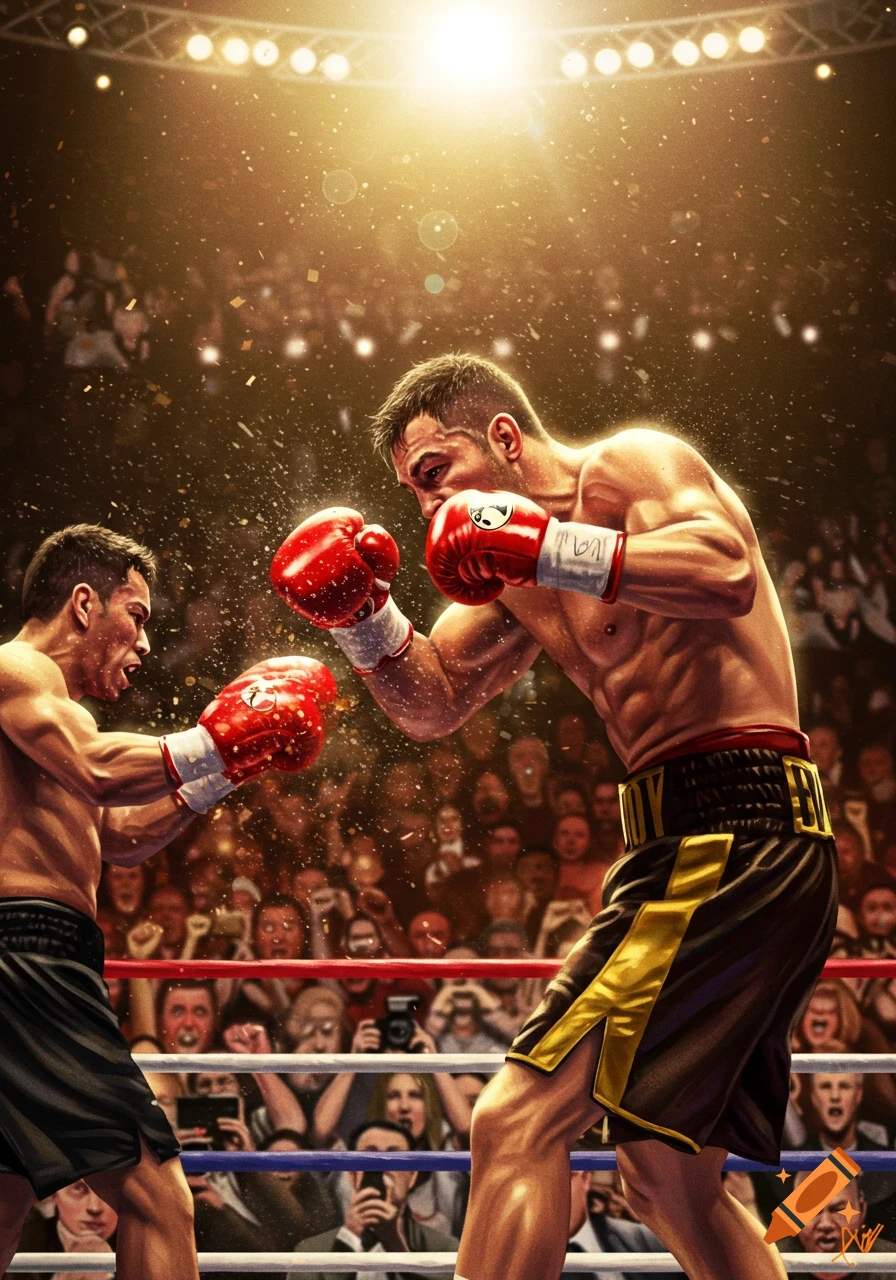 A photorealistic image of two muscular boxers facing off in a brightly ...