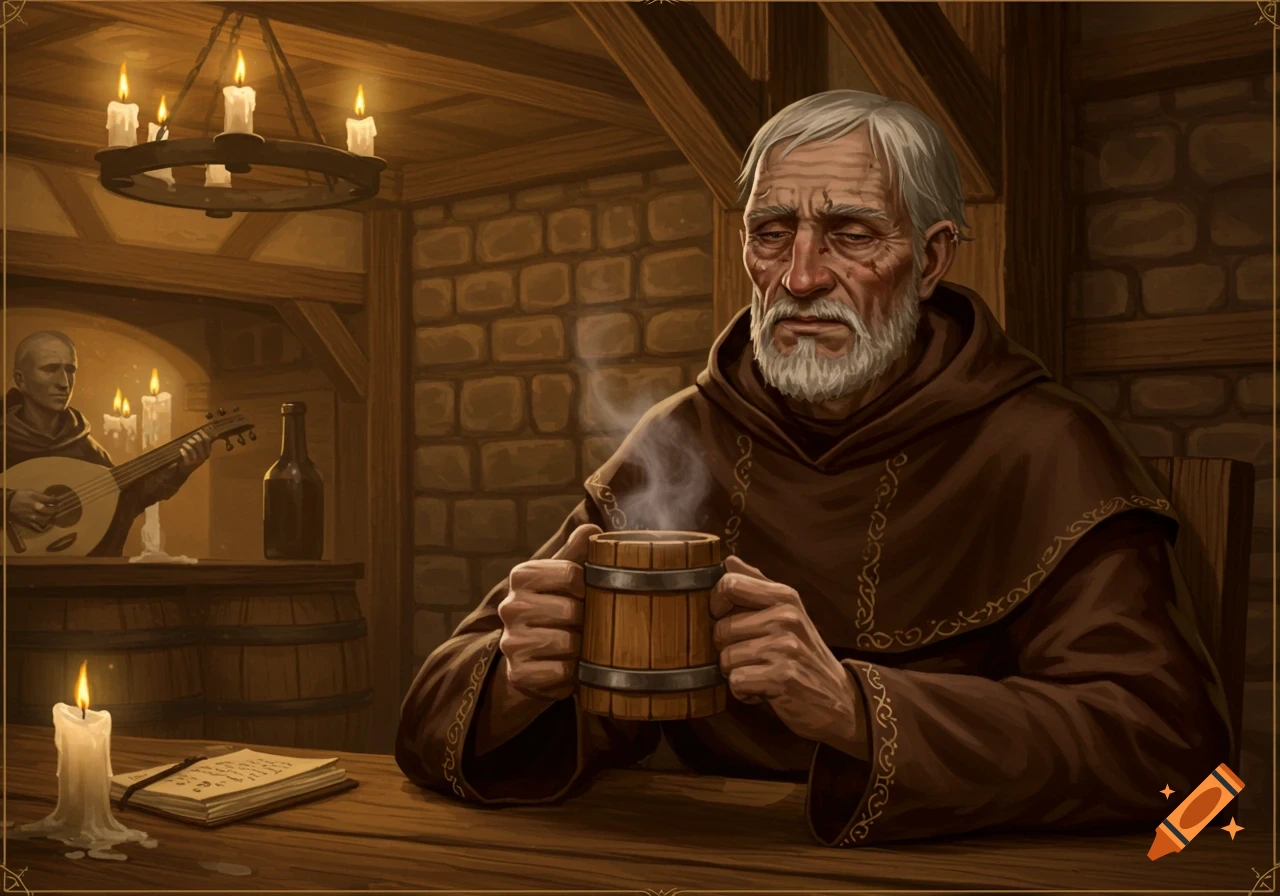 An old man in a medieval woodworking shop, wearing an apron and holding ...