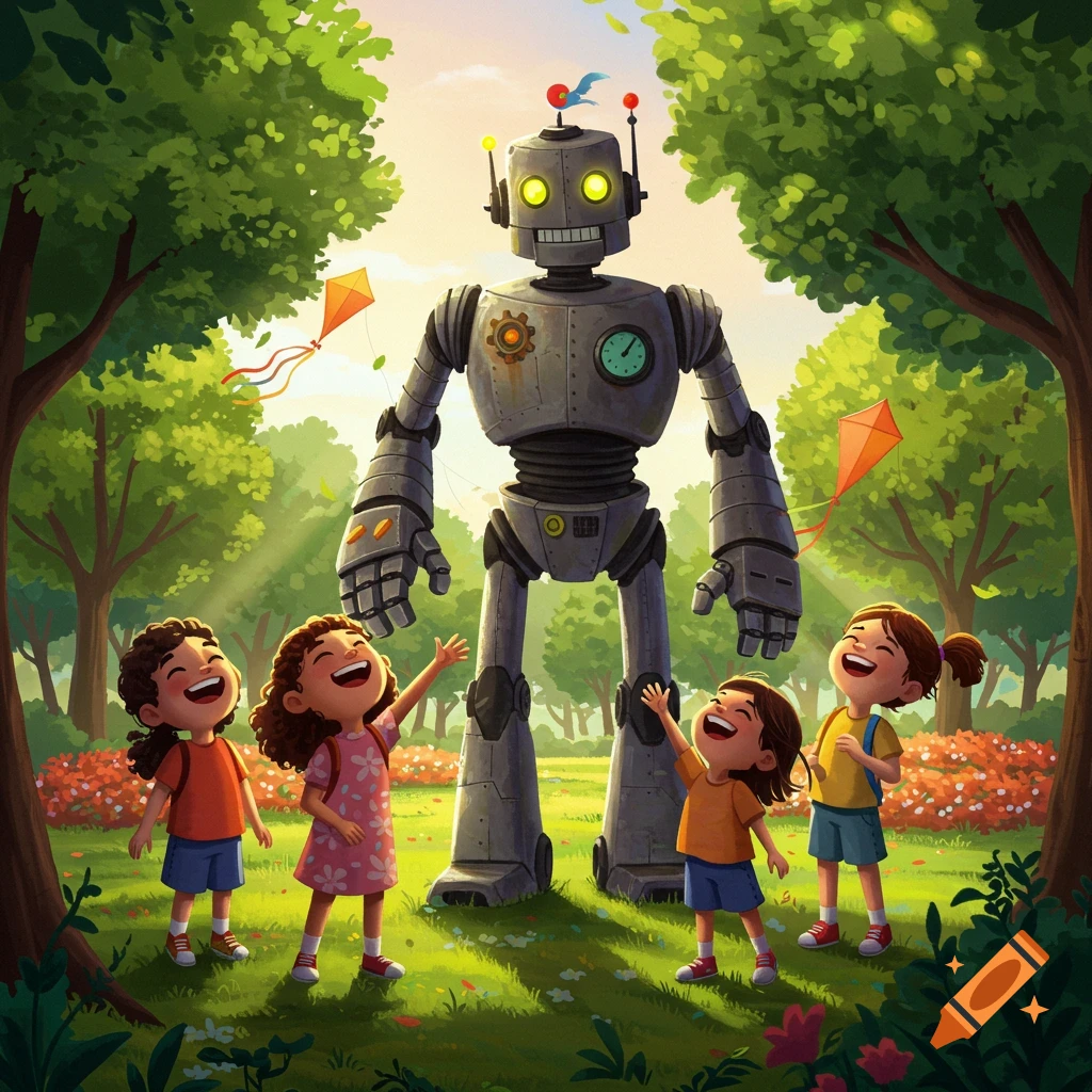 A bright illustration of a large friendly robot standing in a sunny ...