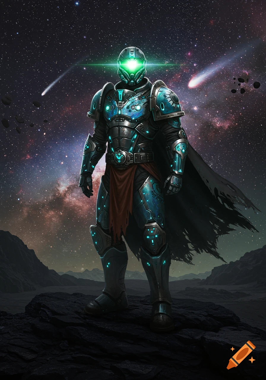A highly detailed space marine in glowing blue and silver armor stands ...