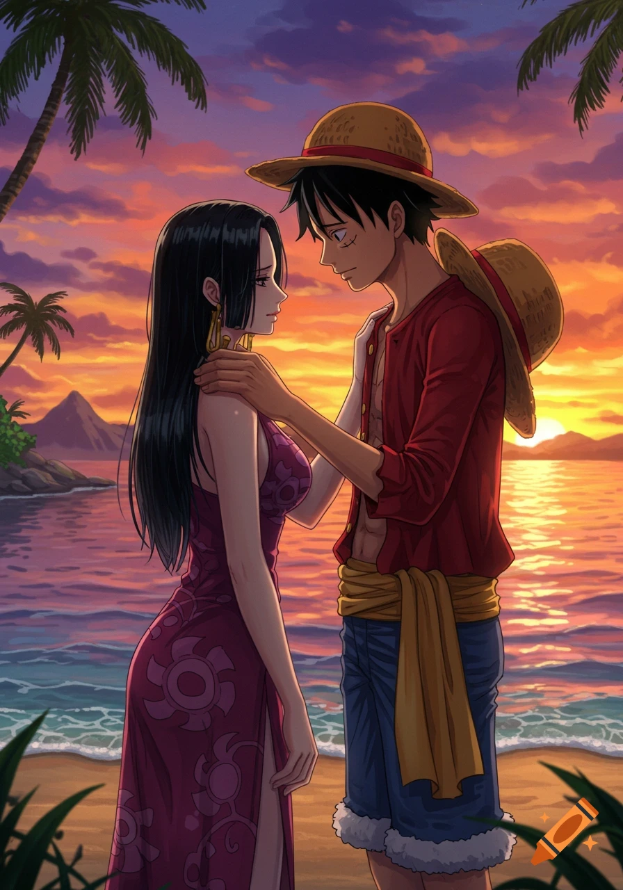 Anime characters Luffy and Hancock kiss in front of the Eiffel Tower at ...