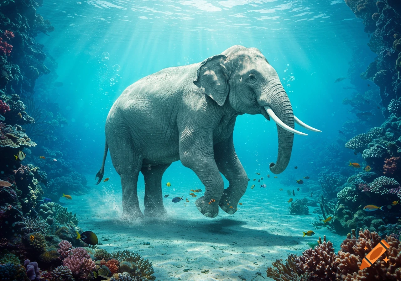 Photorealistic image of a large elephant swimming underwater in the ...