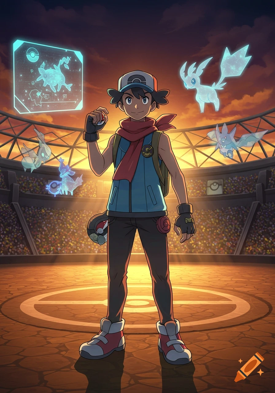 Ash Ketchum throws an explosive Poké Ball mid-air against a vibrant ...