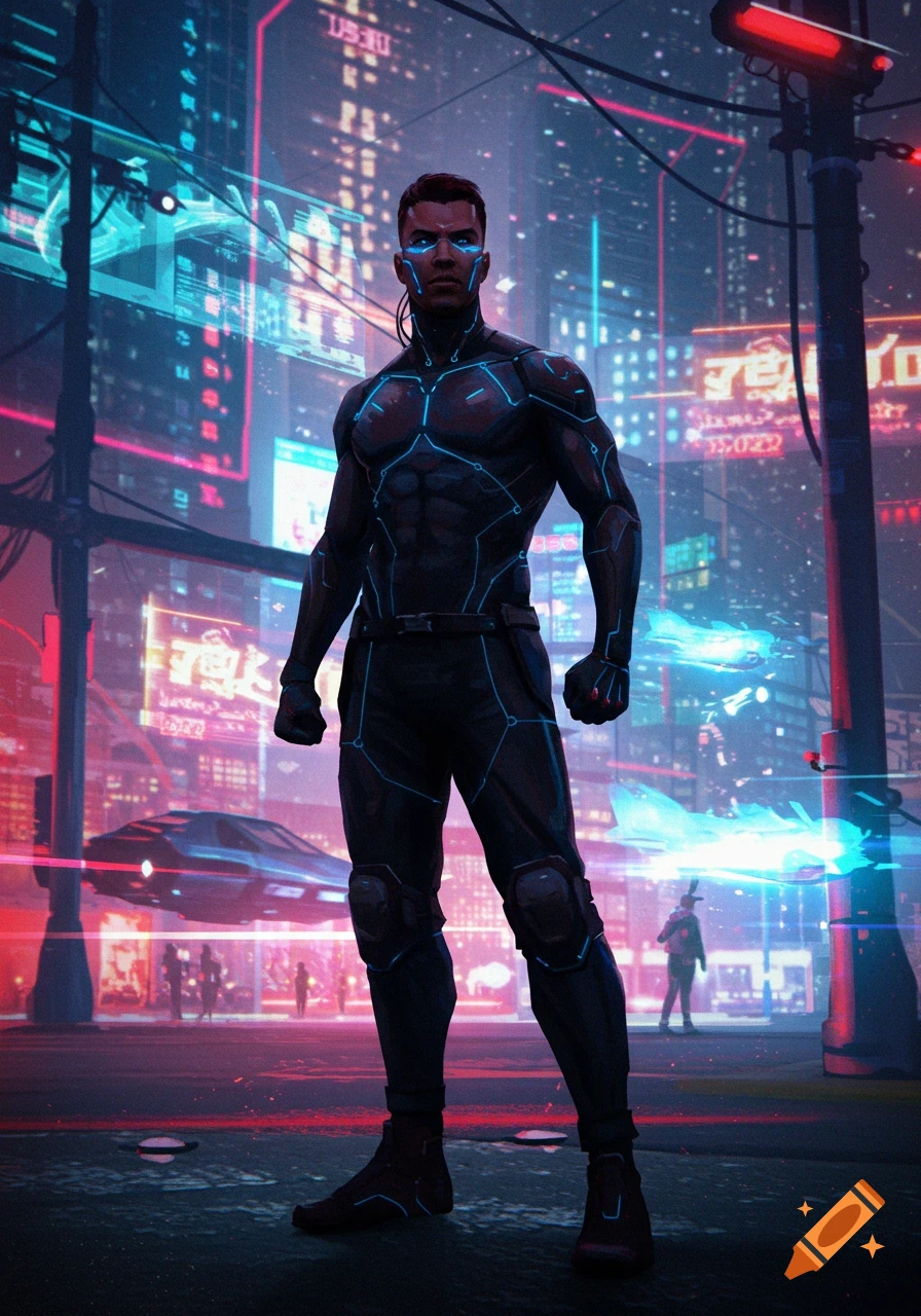 A man with glowing cybernetic implants and a black techwear jacket with ...