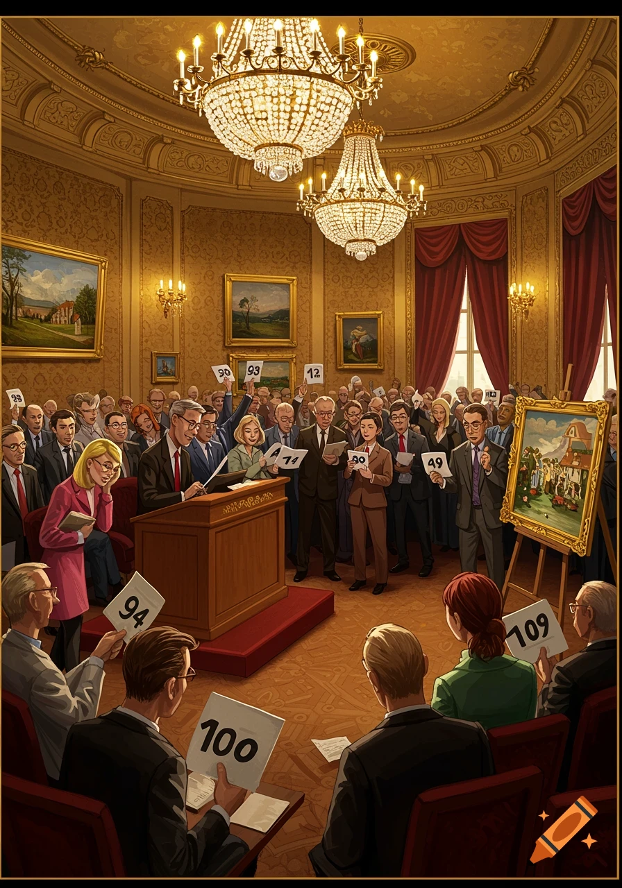 An illustration of a crowded auction room with many bidders holding up ...
