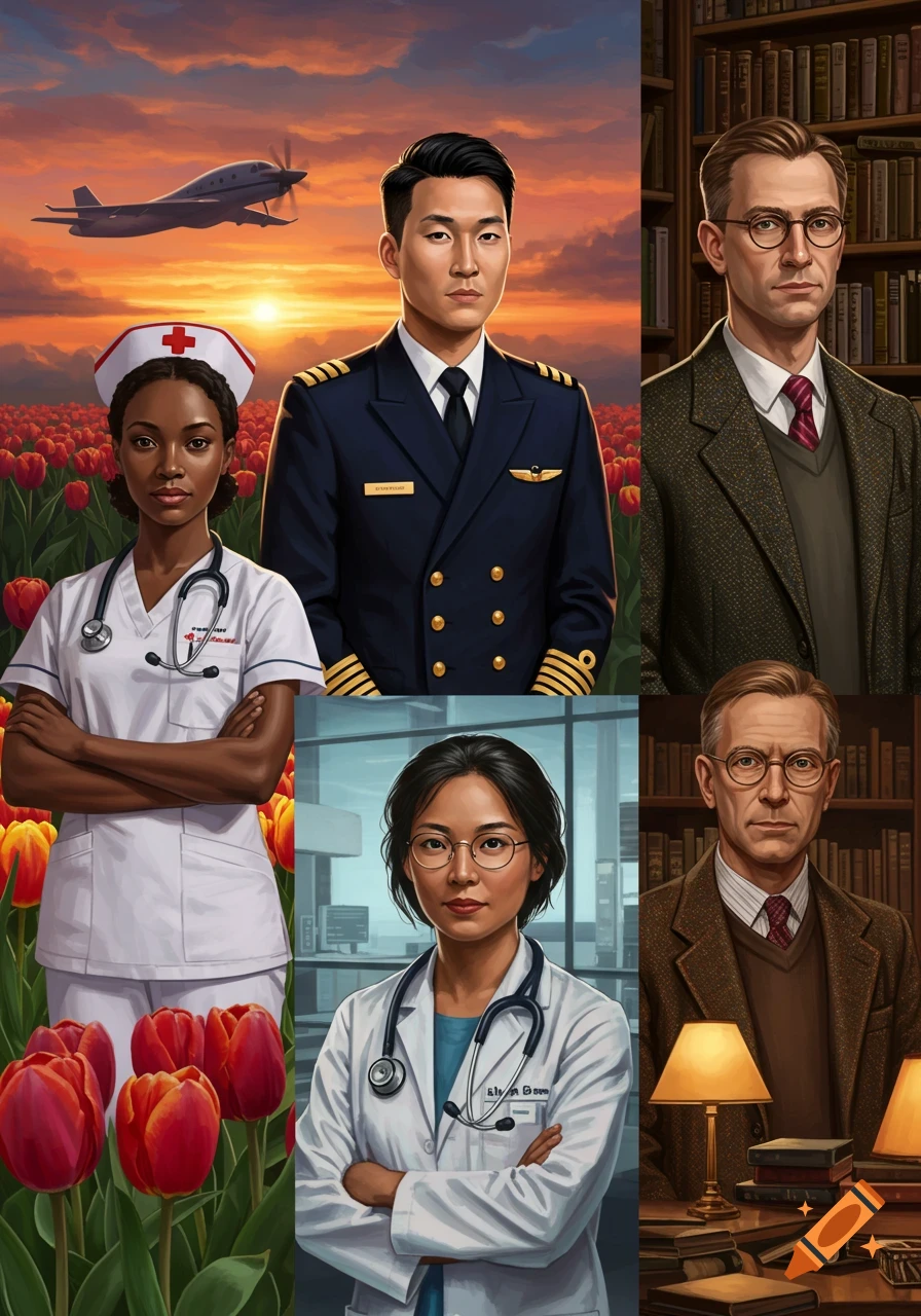 Four illustrated portraits of professionals: a nurse in a tulip field ...
