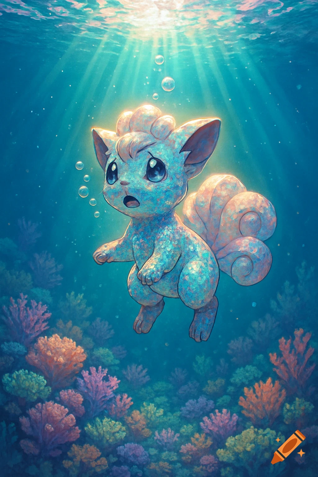 A cute, blue-textured Pokemon resembling Alolan Vulpix floats ...