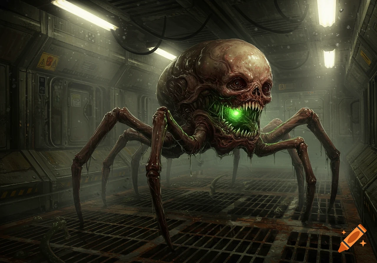 A sepia-toned image of a facehugger alien creature leaping forward in a ...