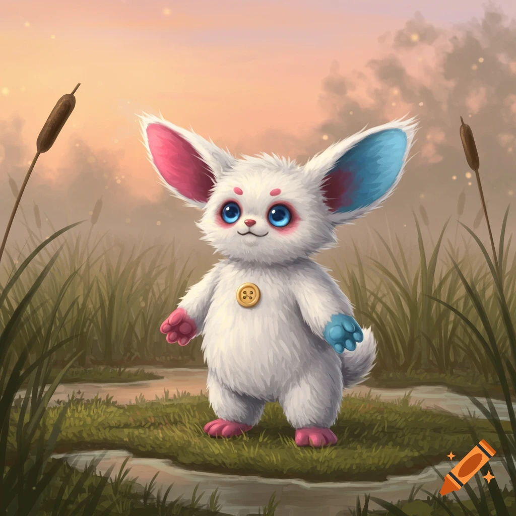 A fluffy white creature with pink and blue ears and paws, standing in a ...