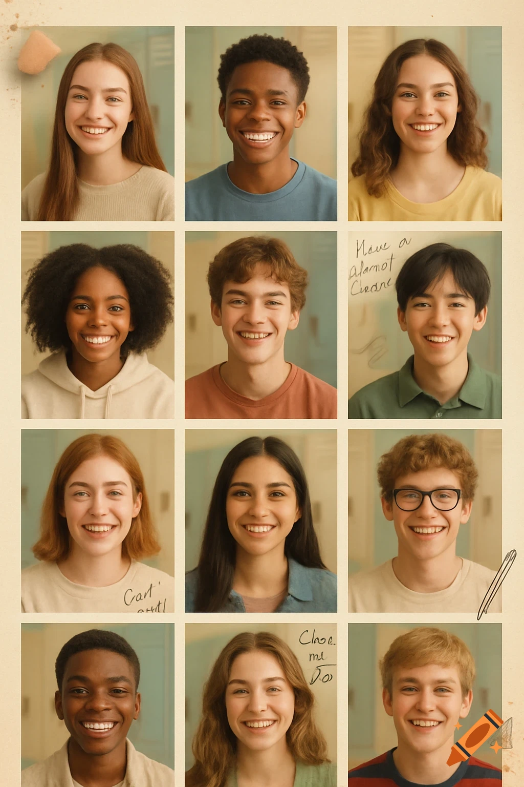 A grid of twelve diverse high school students smiling at the camera ...