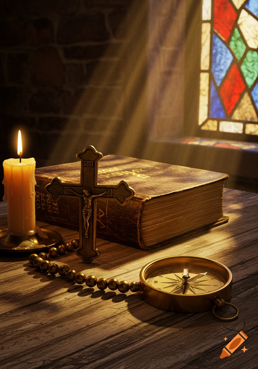 Hands hold prayer beads over an open book on a prayer rug in a dimly ...