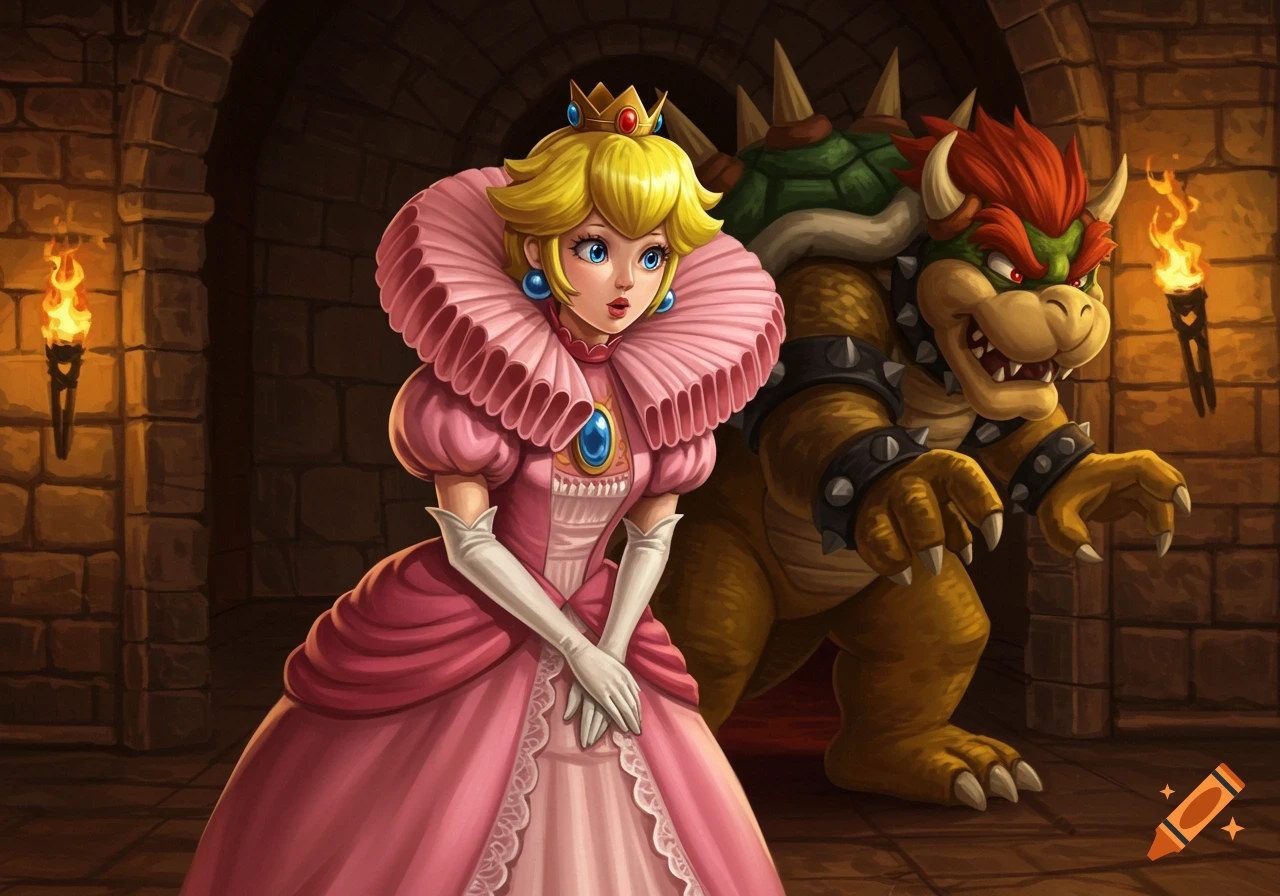 Princess Peach in a pink ruffled dress looks surprised, with Bowser ...