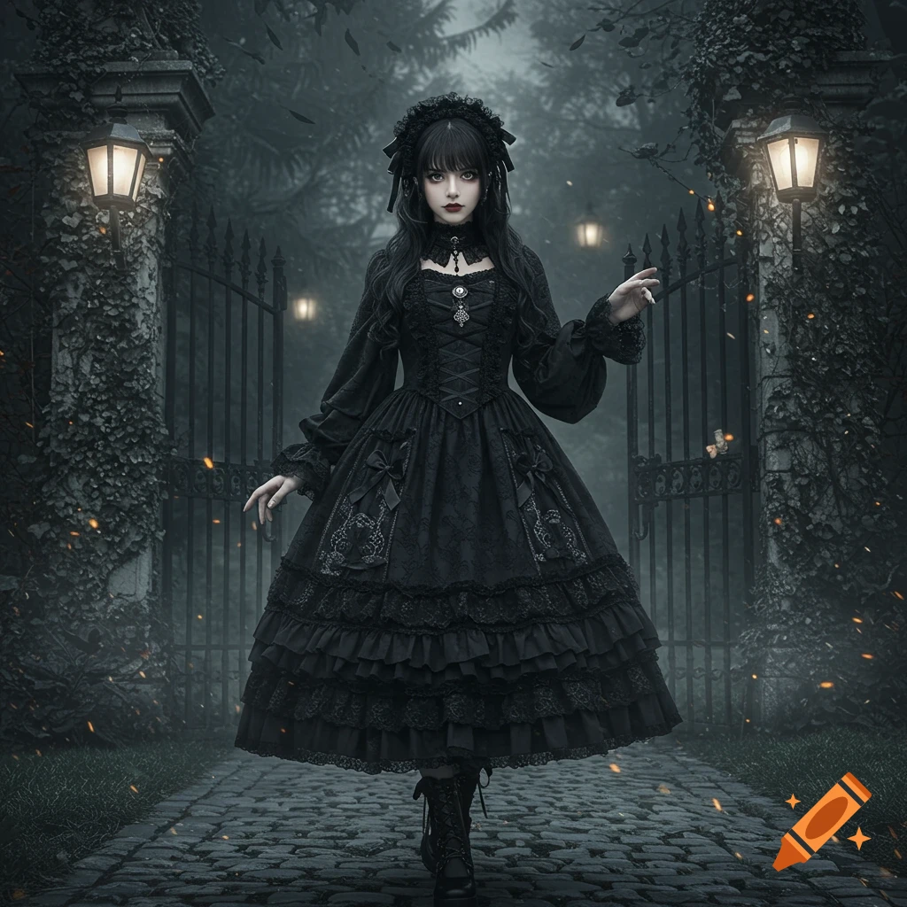 A faceless doll in a brown gothic dress stands on a dark, misty forest ...
