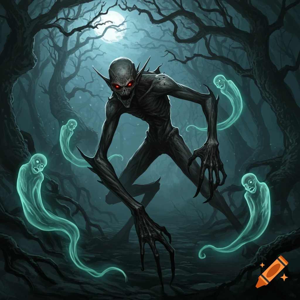 A gaunt, dark monster with glowing red eyes and sharp teeth stands in a ...