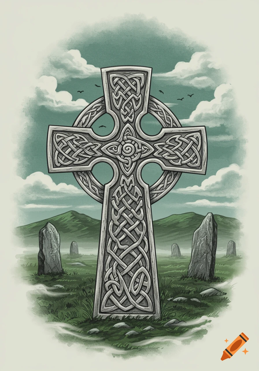 An illustrative Celtic cross with intricate knotwork in a misty green ...