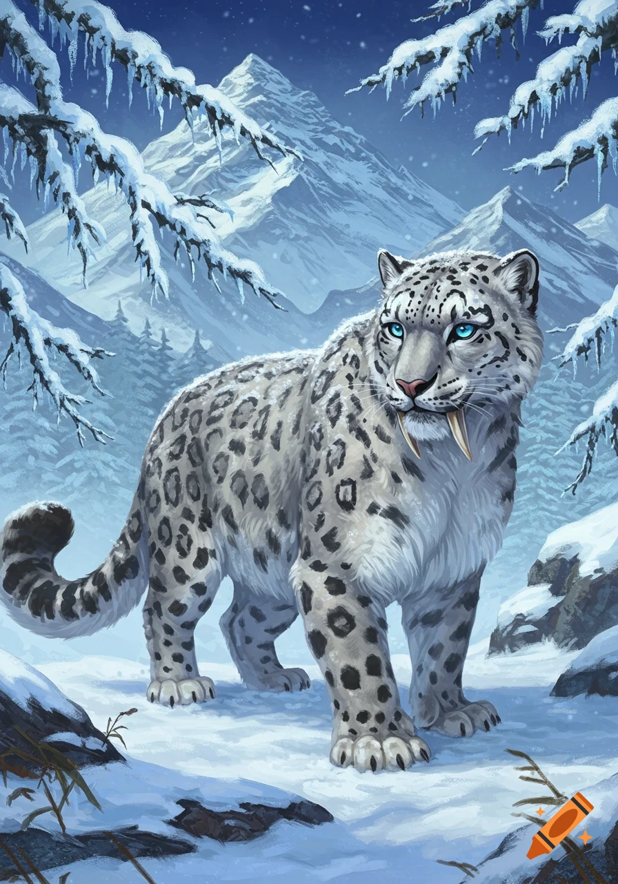 A white snow leopard with saber-tooth tiger fangs and blue eyes stands ...