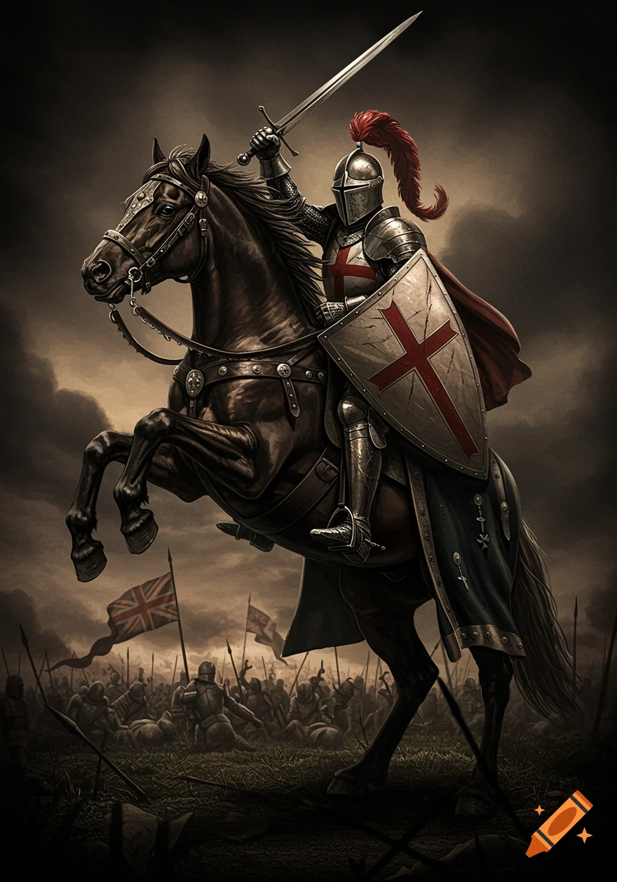 A knight in full armor on a rearing horse, raising his sword on a ...