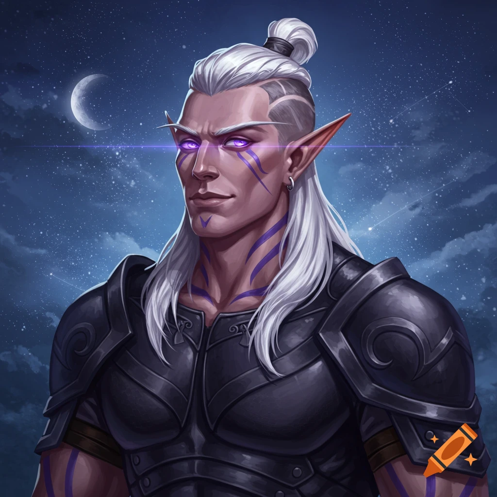 A male elf with white hair, purple glowing eyes, and purple tattoos on ...