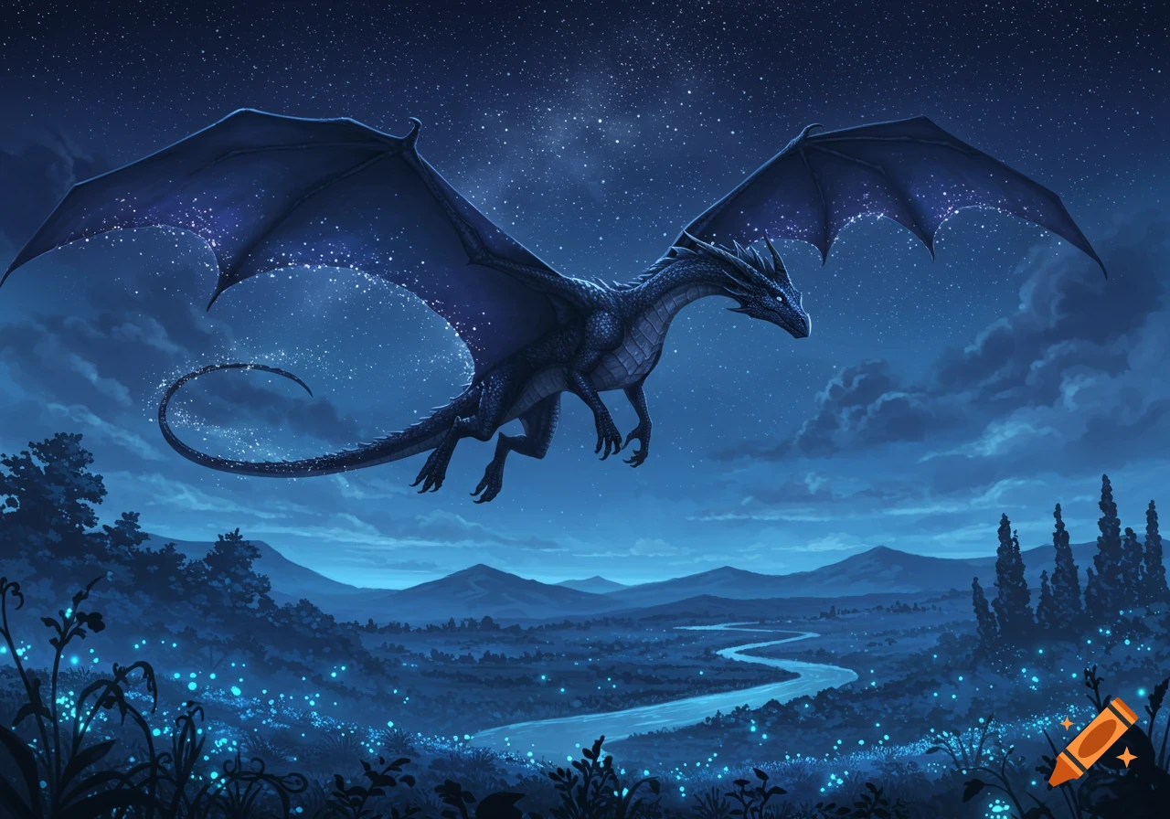 A dark blue dragon with glowing light blue horns and belly, translucent ...