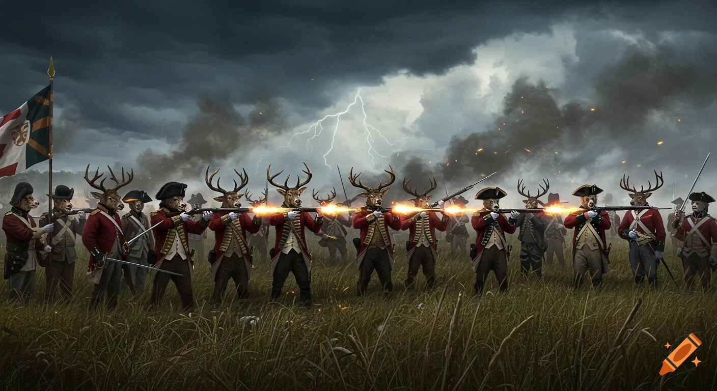 Humanoid deer soldiers in 1770s redcoats fire muskets in a volley on a ...