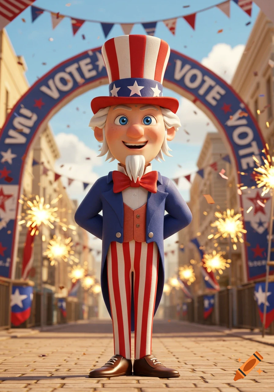 Cartoon Uncle Sam stands on a street decorated with red, white, and ...