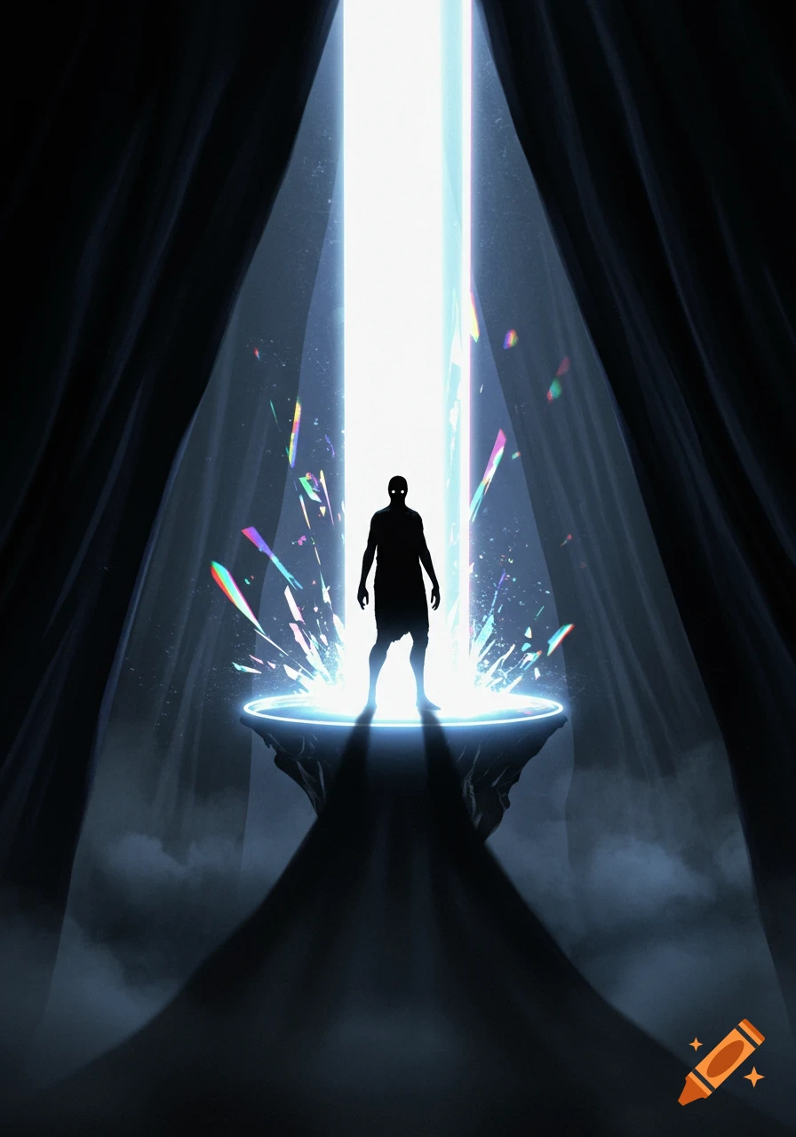 A dramatic digital illustration of a silhouetted figure on a glowing ...