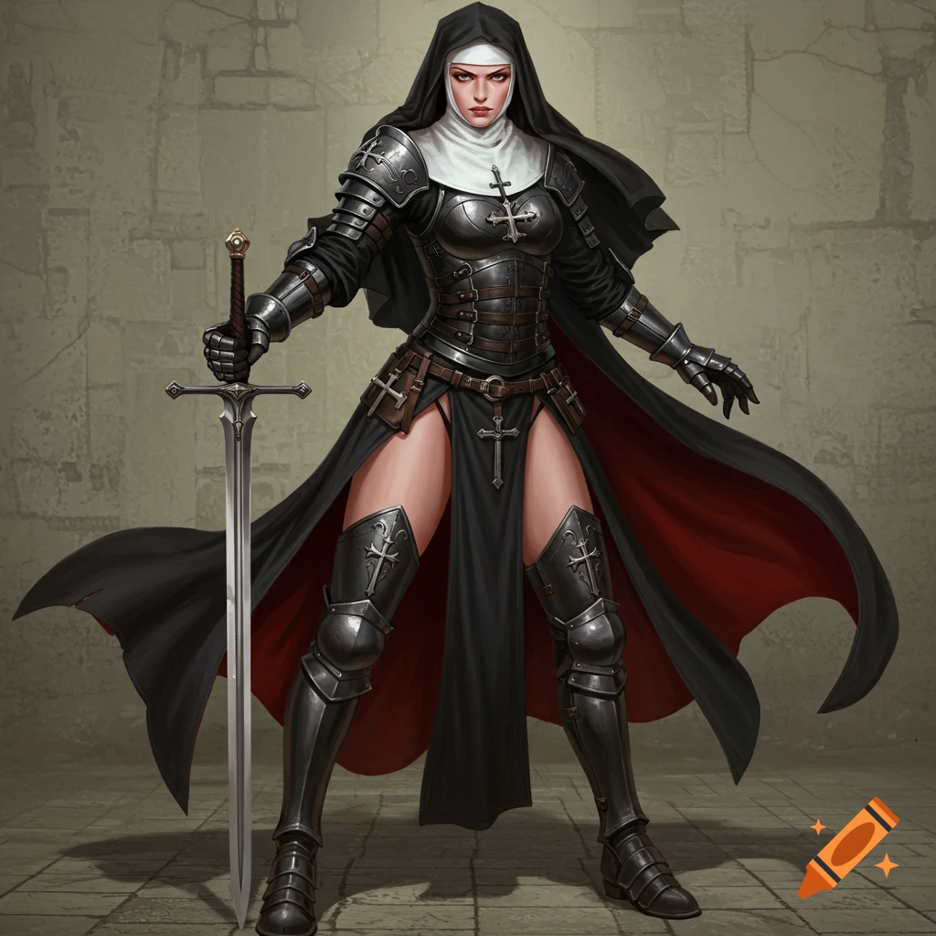 A female warrior nun in ornate black armor and flowing robes stands ...