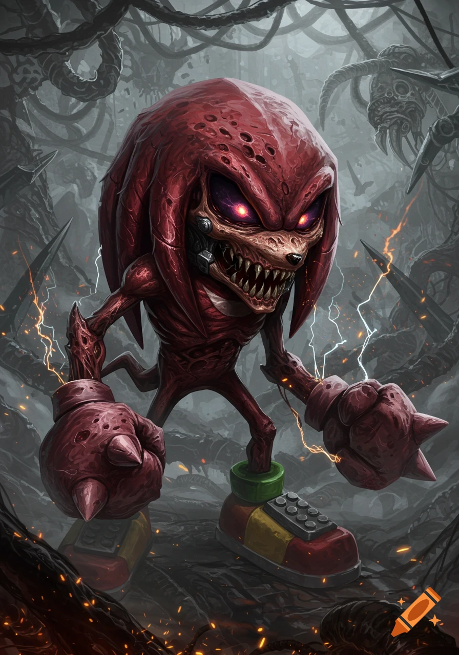 A grotesque, monstrous Knuckles the Echidna with glowing eyes, sharp ...