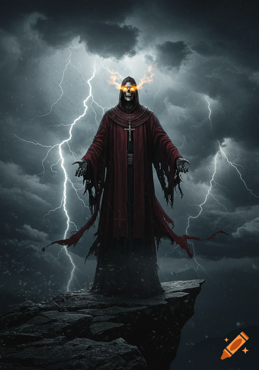 A skeletal figure in a tattered red and black robe stands on a cliff ...