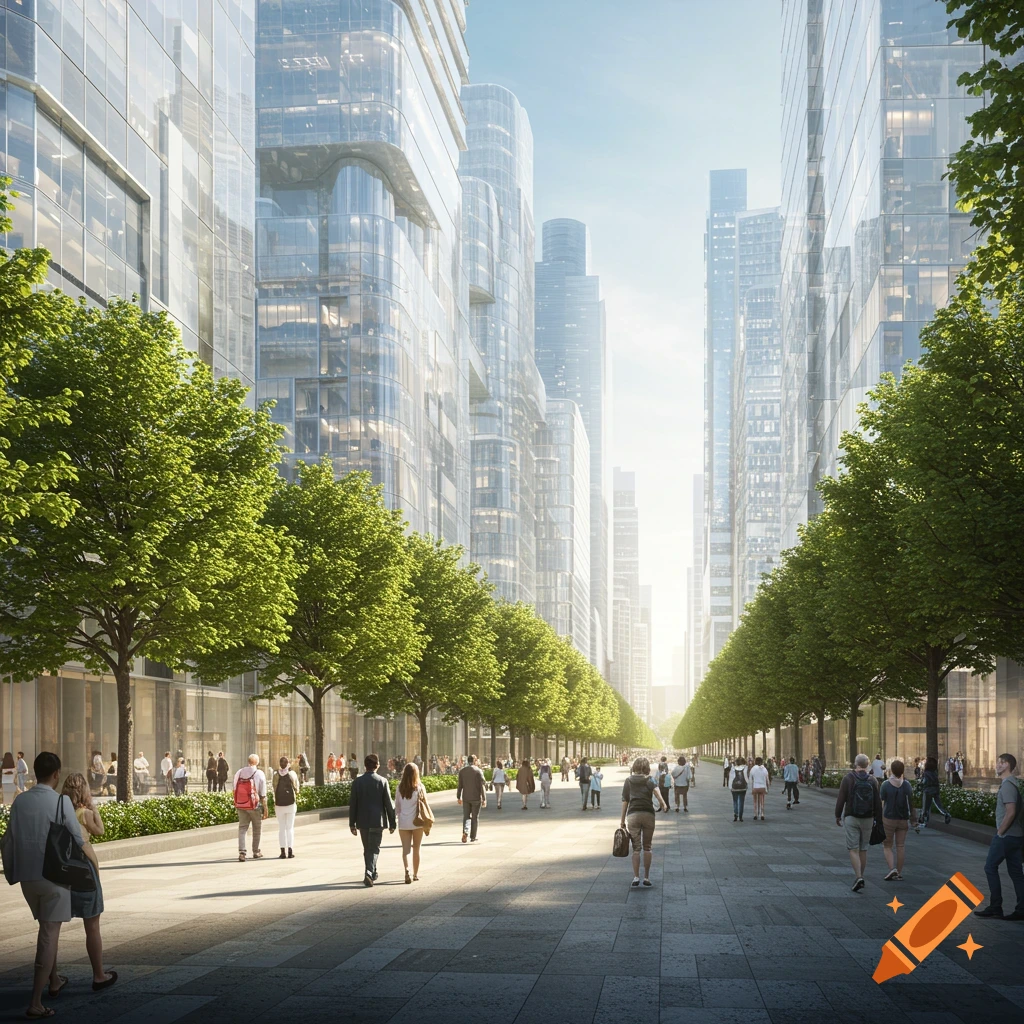 A towering modern skyscraper overlooks an older city with a church ...