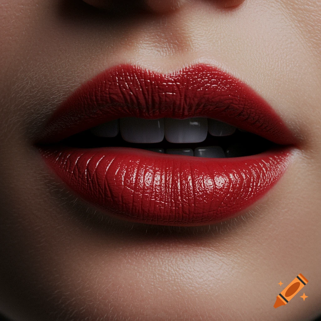 A very close-up, realistic shot of a woman's mouth with glossy red lipstick, slightly open ...