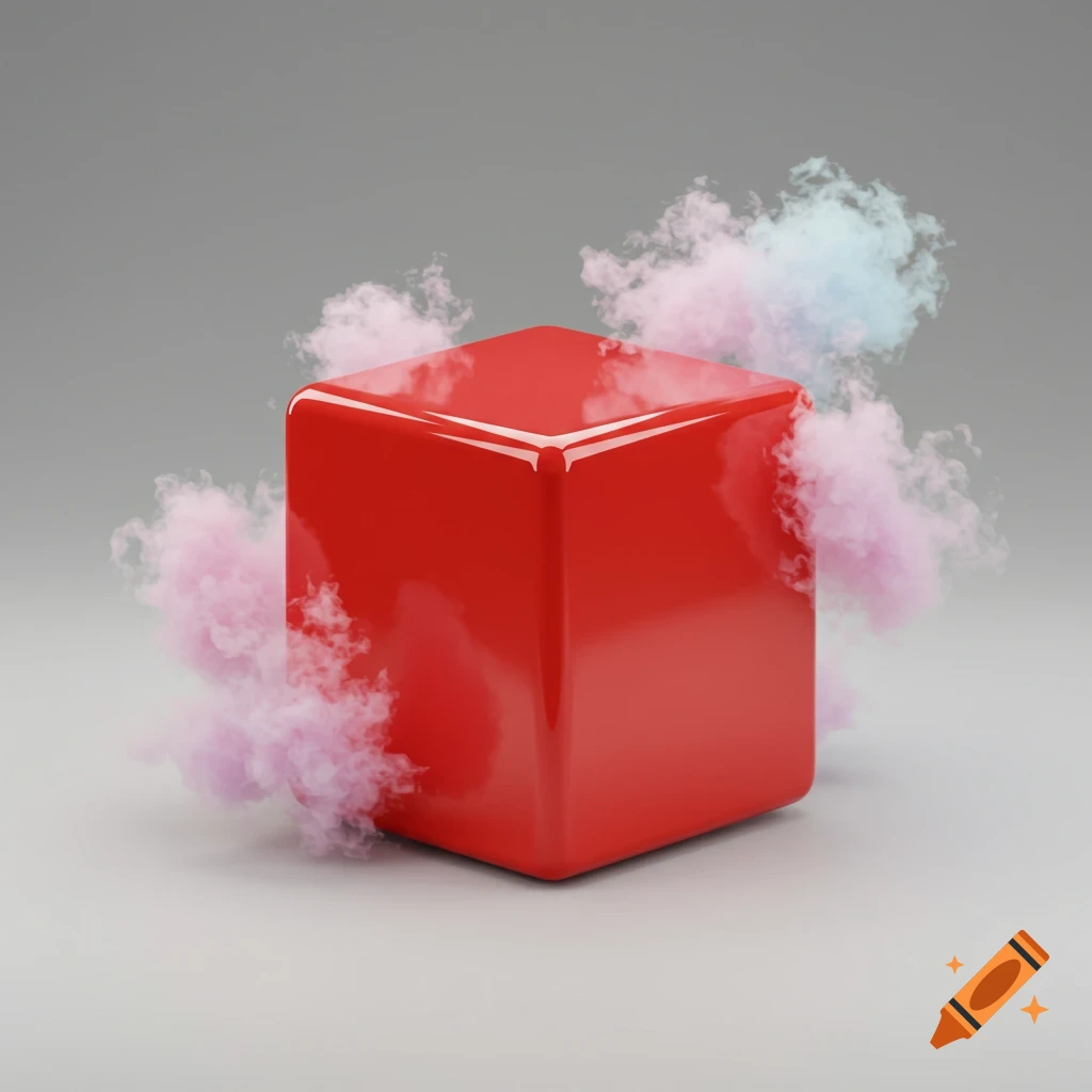 A shiny red cube with rounded edges, surrounded by pink and light blue smoke, set against a ...