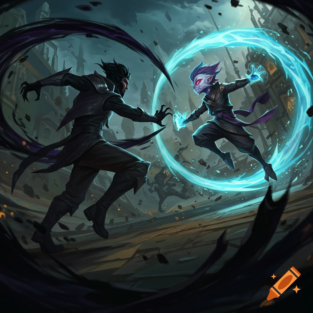 A stylized 2D illustration of a dark figure with red eyes and swirling ...