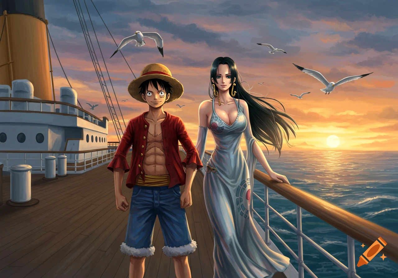 Luffy and Boa Hancock from One Piece stand face to face in the rain ...