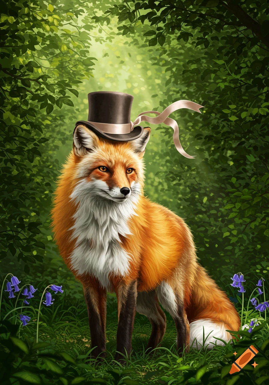 A red fox wearing a black top hat with a light ribbon stands in a ...