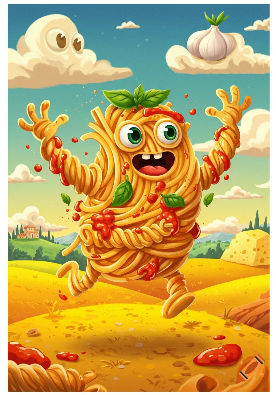 A grinning, cartoon spaghetti monster covered in dripping tomato sauce ...