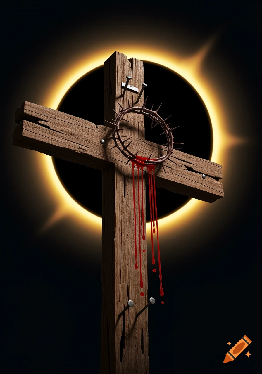 A stylized wooden cross with a crown of thorns and dripping blood, set ...