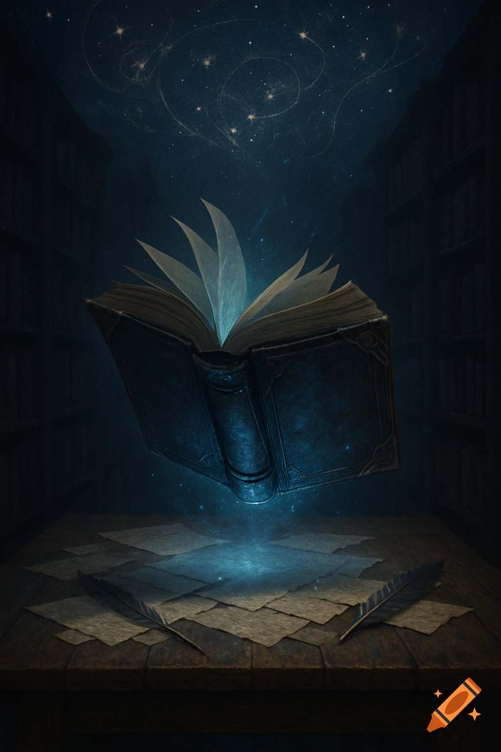 A cute blue salamander with big eyes sits at a wooden desk, writing on ...