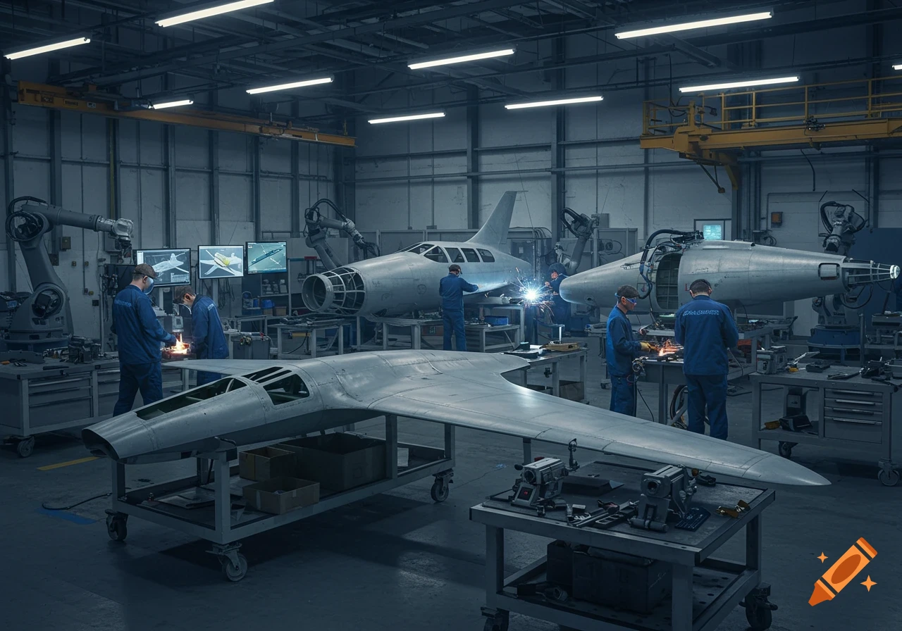 Workers assemble and weld aircraft components in a large factory with ...