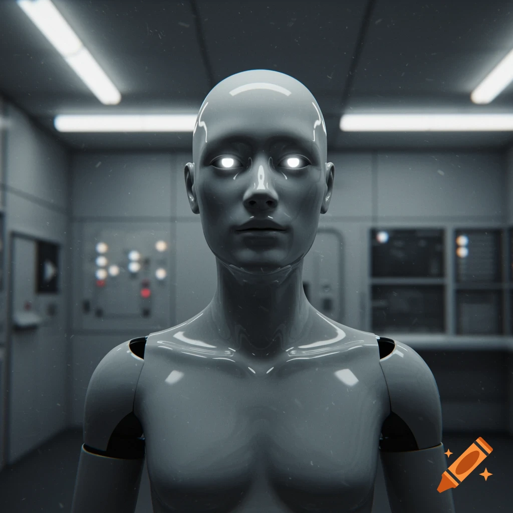 A gray humanoid robot with glowing white eyes stands in a sterile ...