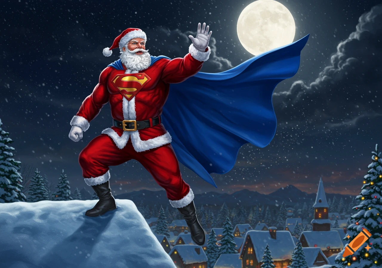 A cute 3D rendered space marine, dressed as a Christmas elf, stands in a snowy landscape holding ...