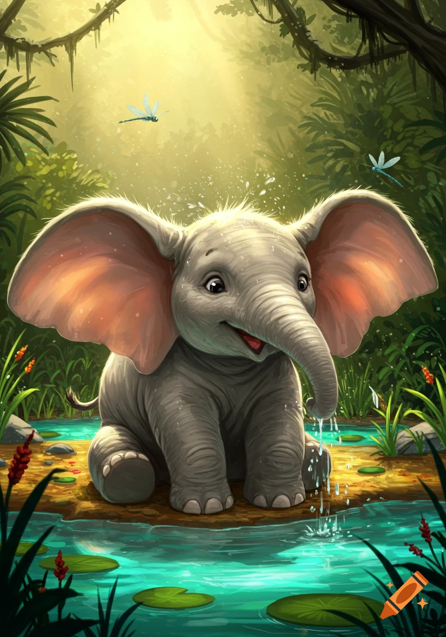 A stylized elephant-hippo hybrid creature with human-like eyes sits ...