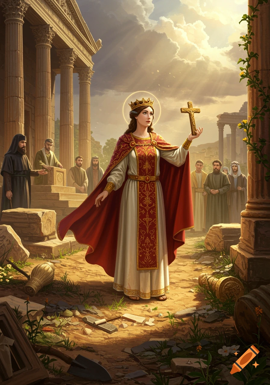 A young man with a halo and laurel wreath, dressed in white and red ...